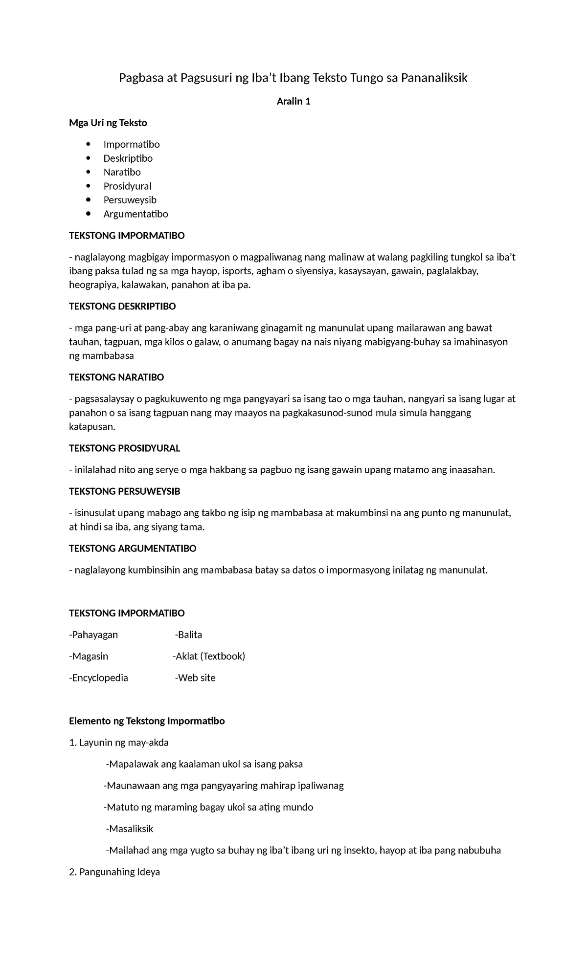 Filipino Module: Pagbasa at Pagsusuri ng Iba’t Ibang Teksto - Studocu