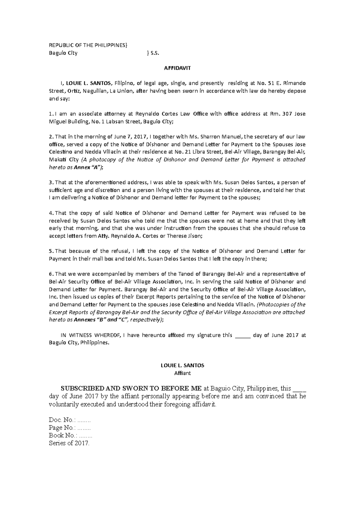 Affidavit of Non-Service: Notice of Dishonor & Demand Letter - Studocu