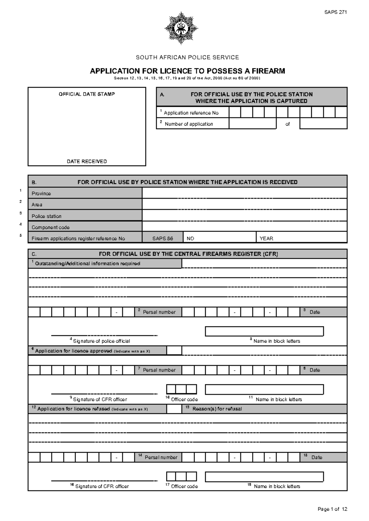 SAPS 271: Firearm Possession License Application Form Guidelines - Studocu