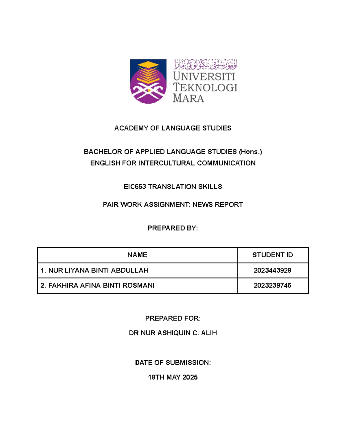 EIC553 Translation Skills Pair Work: News Report Assignment - Studocu