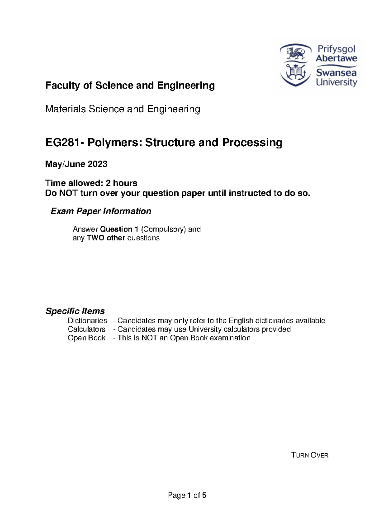 EG-281 Final Exam Paper 2022-23: Polymers Structure & Processing - Studocu