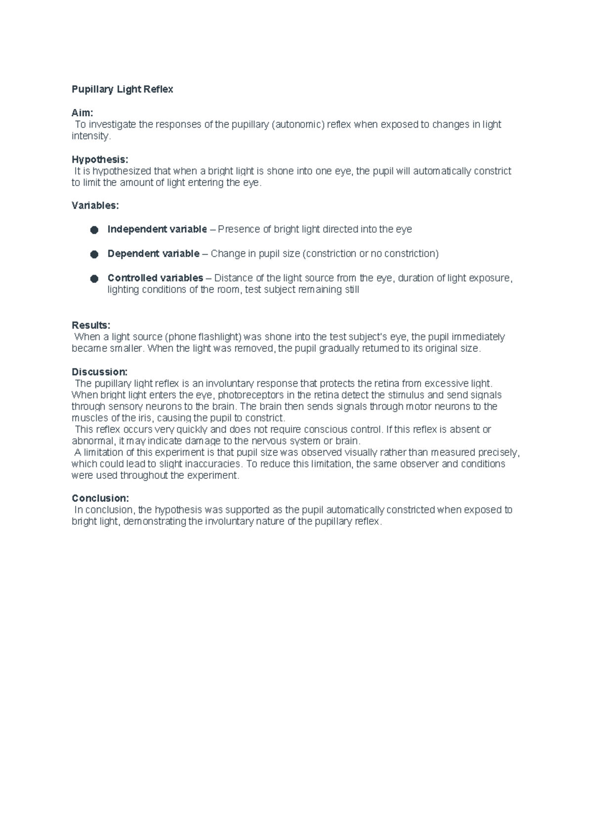 Pupillary Light Reflex Experiment: Investigating Autonomic Responses ...