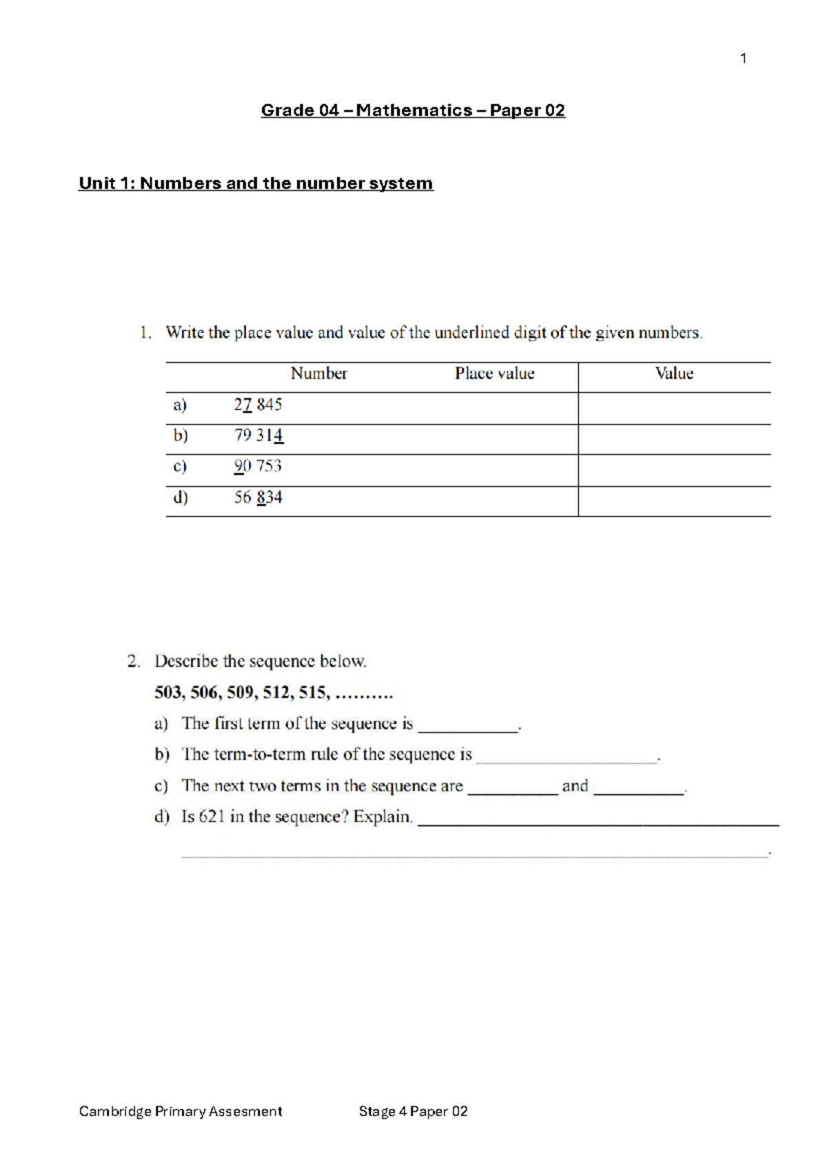Grade 04 Maths Paper 02: Numbers, Addition, Angles & Sequences - Studocu