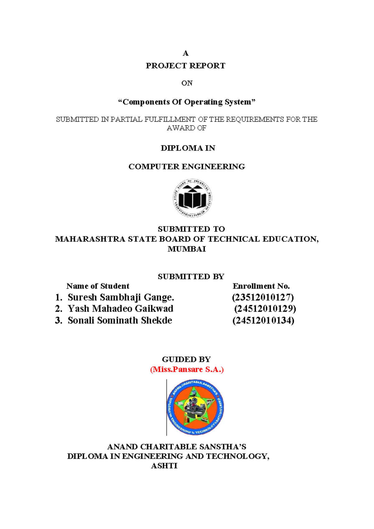 Project Report on Operating Systems - Diploma in Computer Engineering ...