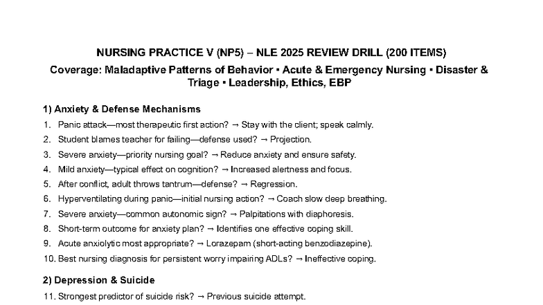 NURSING PRACTICE V (NP5) NLE 2025 REVIEW DRILL: 200 Q&A - Studocu
