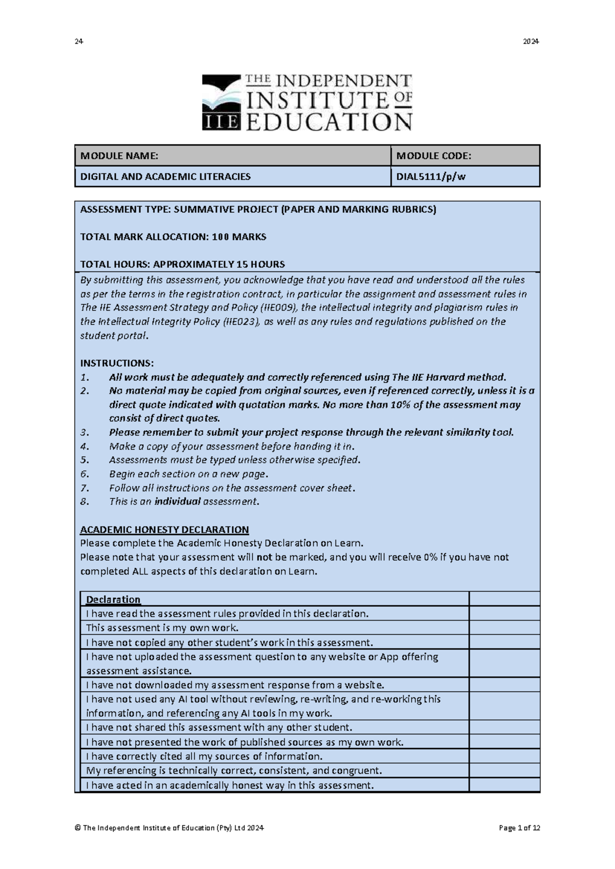 Digital and Academic Literacies: Summative Project Guidelines (2024 ...