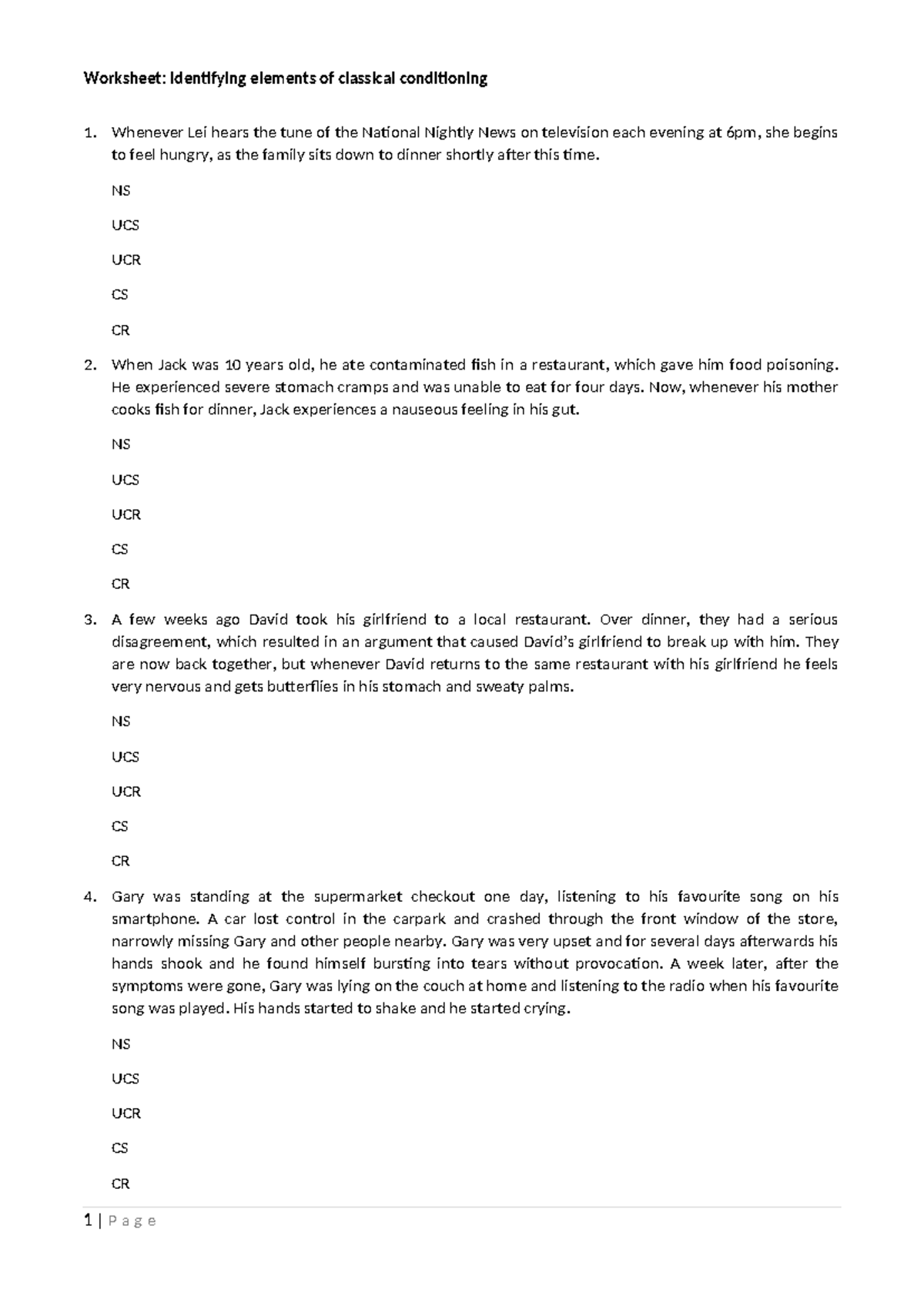 Classical Conditioning Worksheet 1: Identifying Key Elements - Studocu