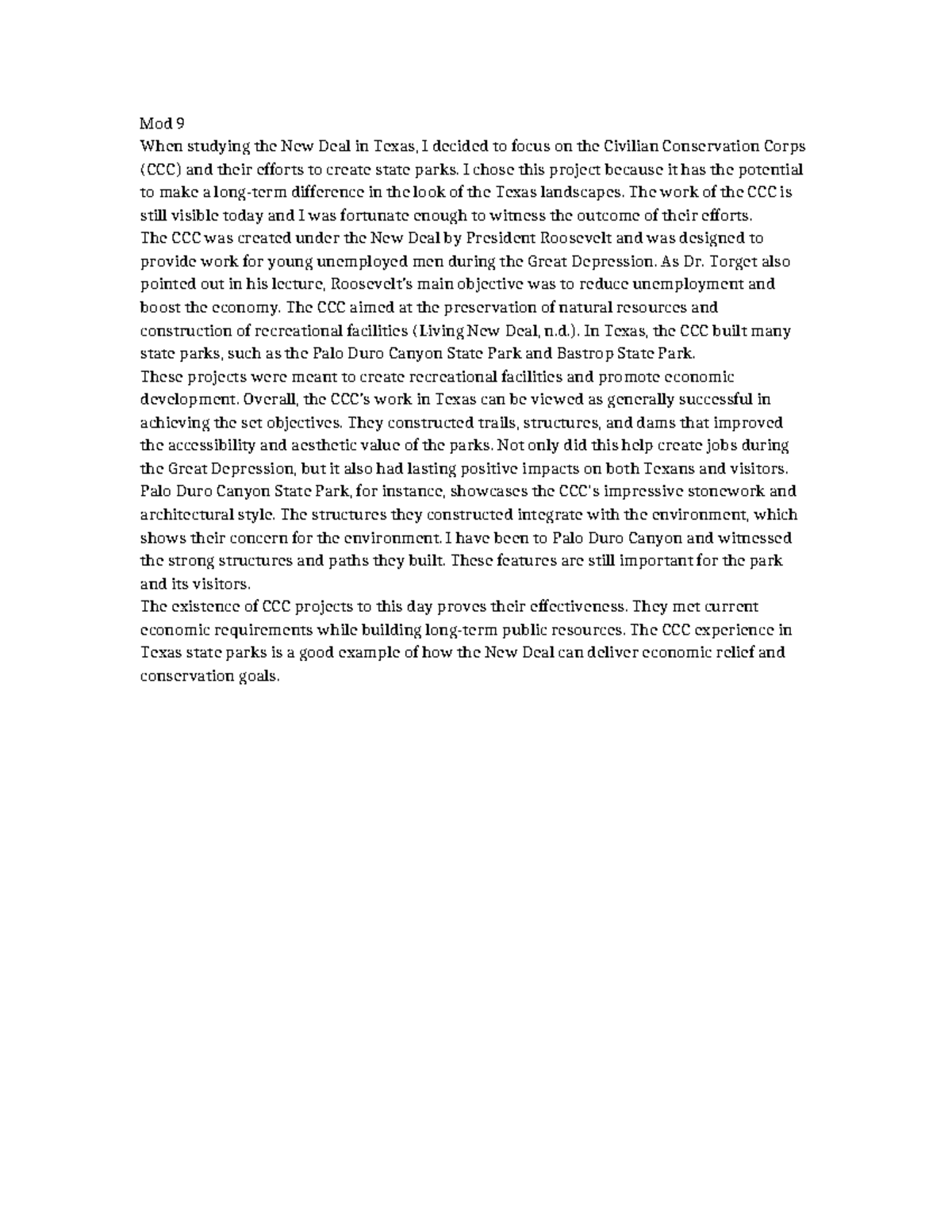 Mod 9 Essay: The Impact of the CCC on Texas State Parks - Studeersnel