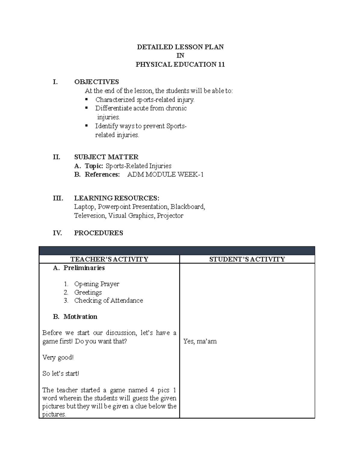 Sports-Related Injuries Lesson Plan (PE 11) - Detailed Guide - Studocu