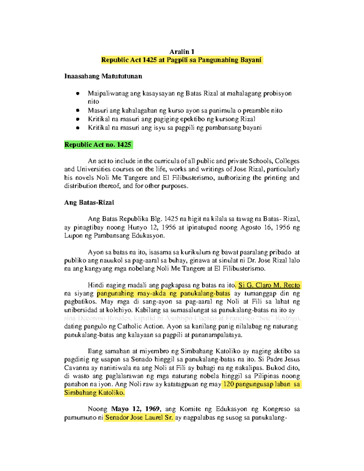 Aralin 1: Batas Rizal - Republic Act 1425 at ang mga Pambansang Bayani ...