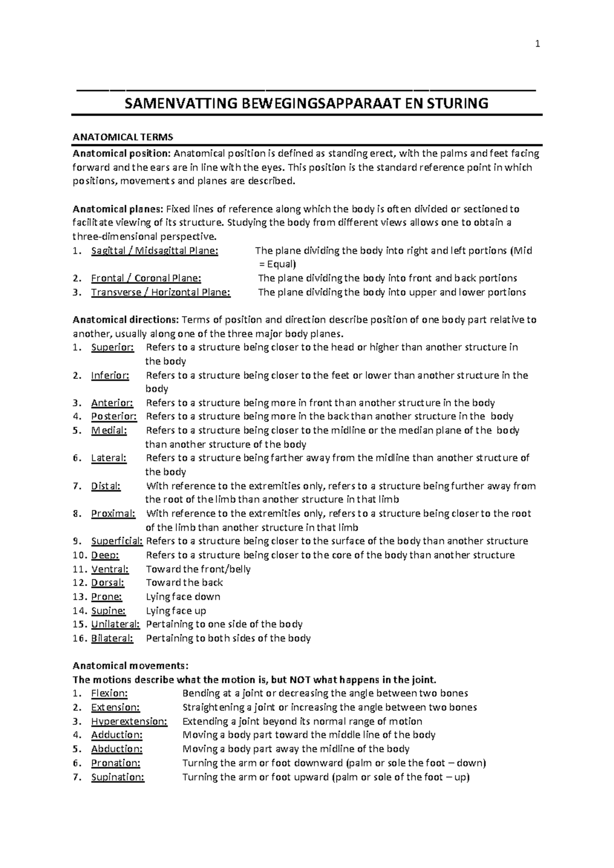 Samenvatting Bewegingsapparaat EN Sturing