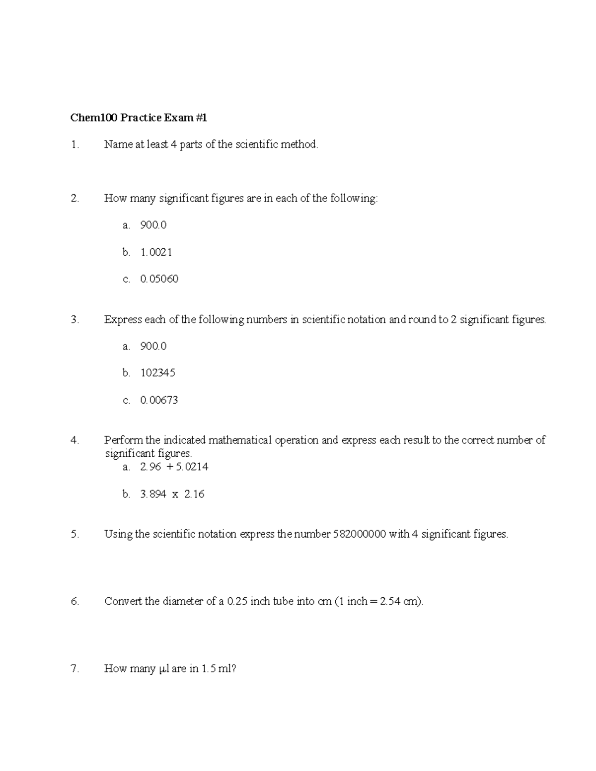 Chem100 Practice Exam 1: Scientific Method & Significant Figures - Studocu