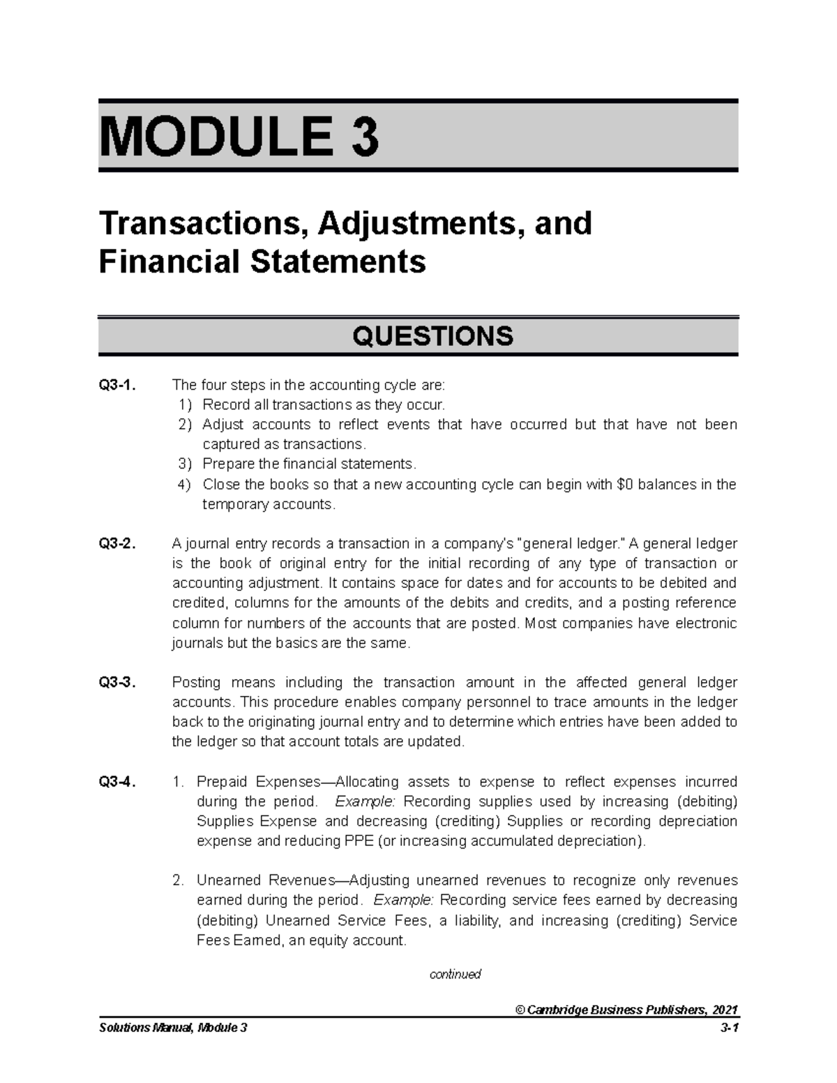 Module 3 Solution Manual - MODULE 3 Transactions, Adjustments, and ...