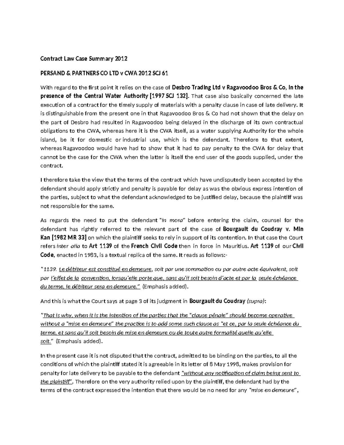 Contract Law Case Summaries 2012: Key Decisions & Analysis - Studocu
