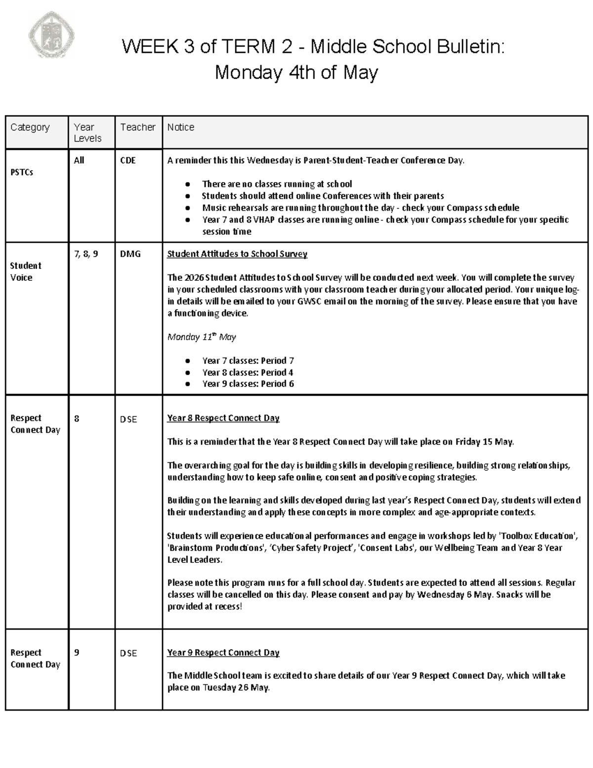 Week 3 Term 2 Middle School Bulletin - May 4th Updates - Studocu