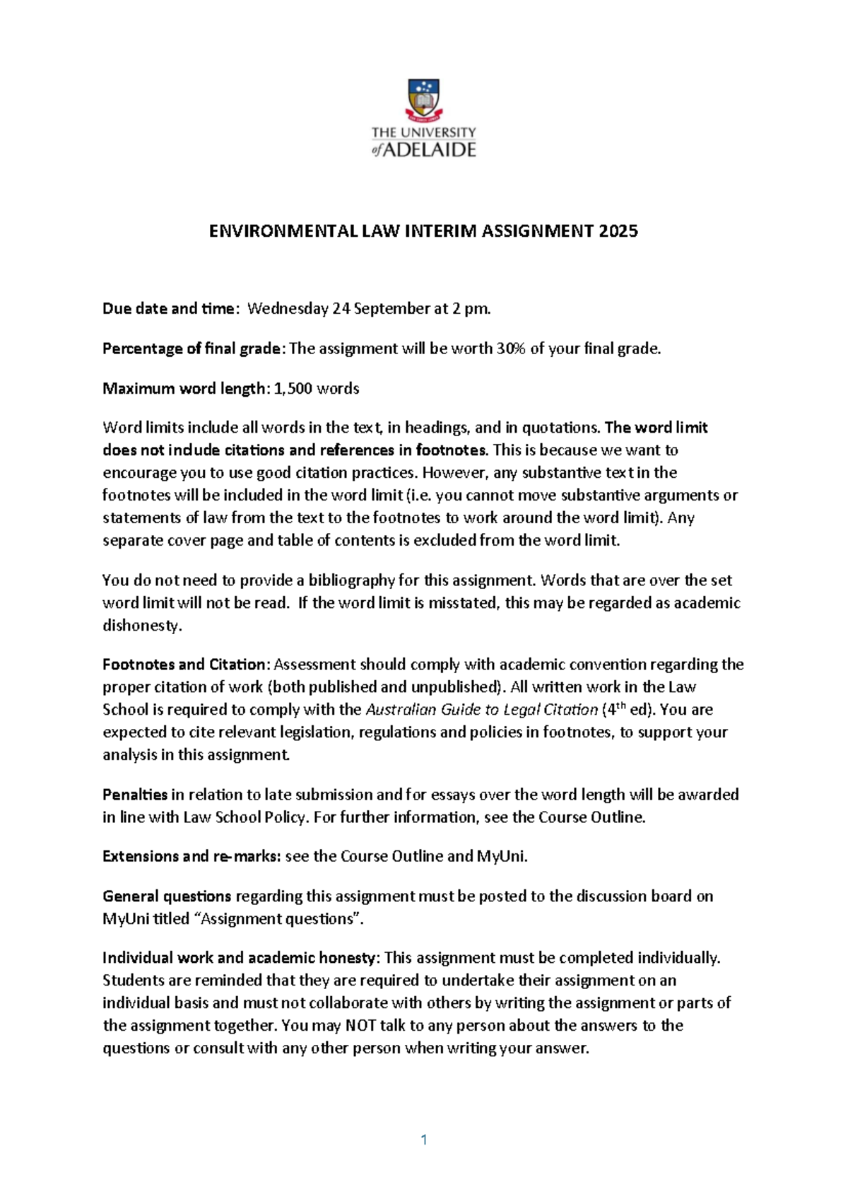 ENVIRONMENTAL LAW 2025 Interim Assignment Guidelines and Instructions ...