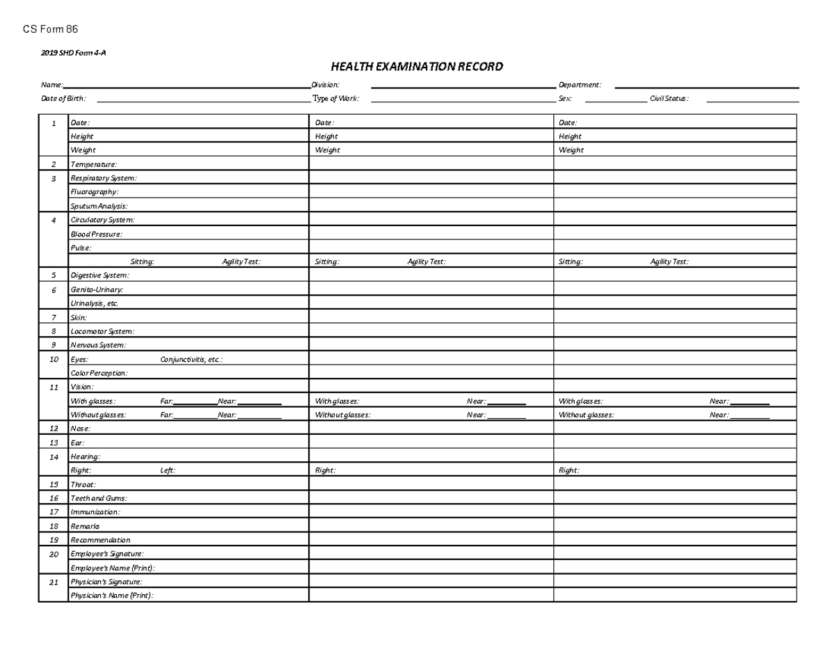 SHD Form 4A - Comprehensive Health Exam Record 2019 - Studocu