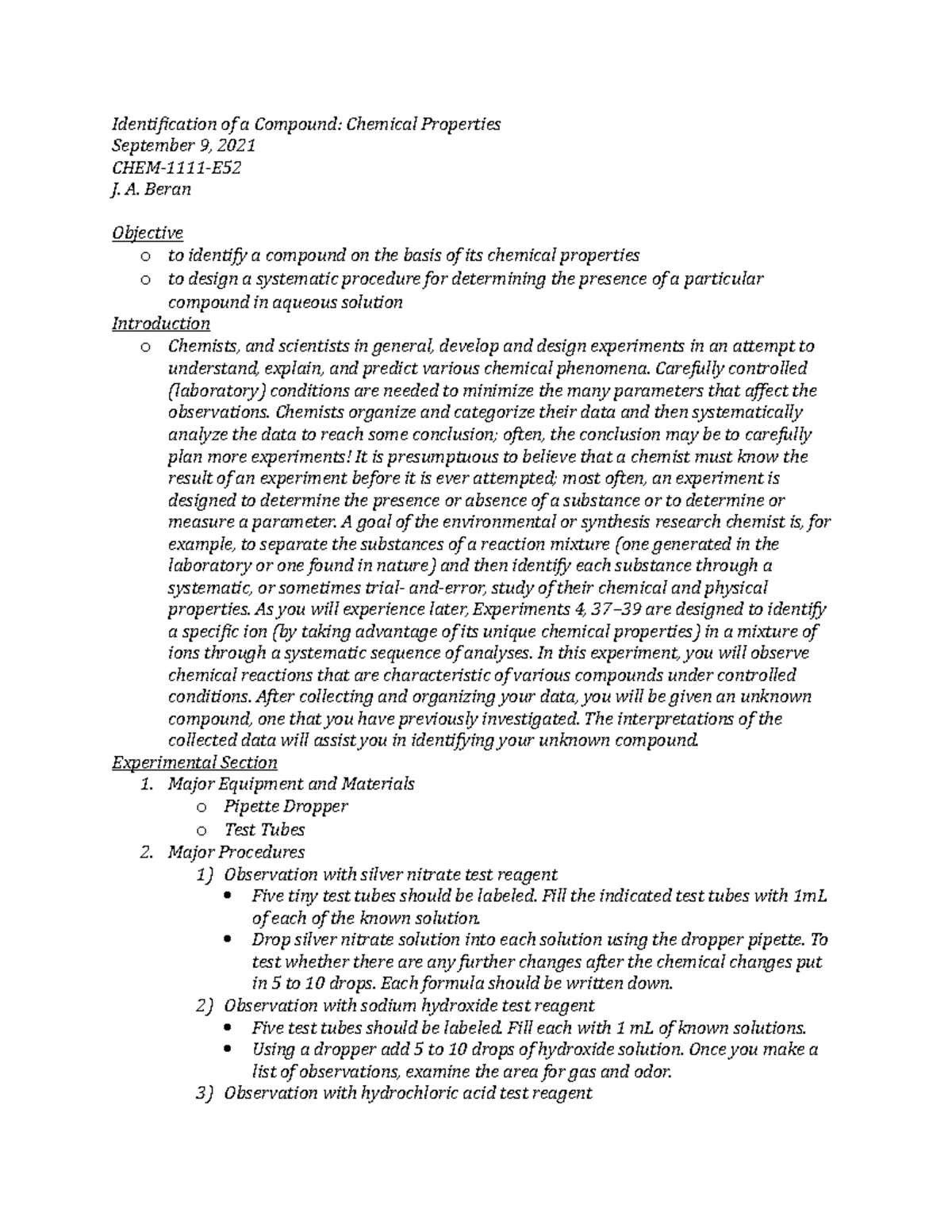Lab Report 2: Identifying Unknown Compounds in CHEM-1111-E - Studocu