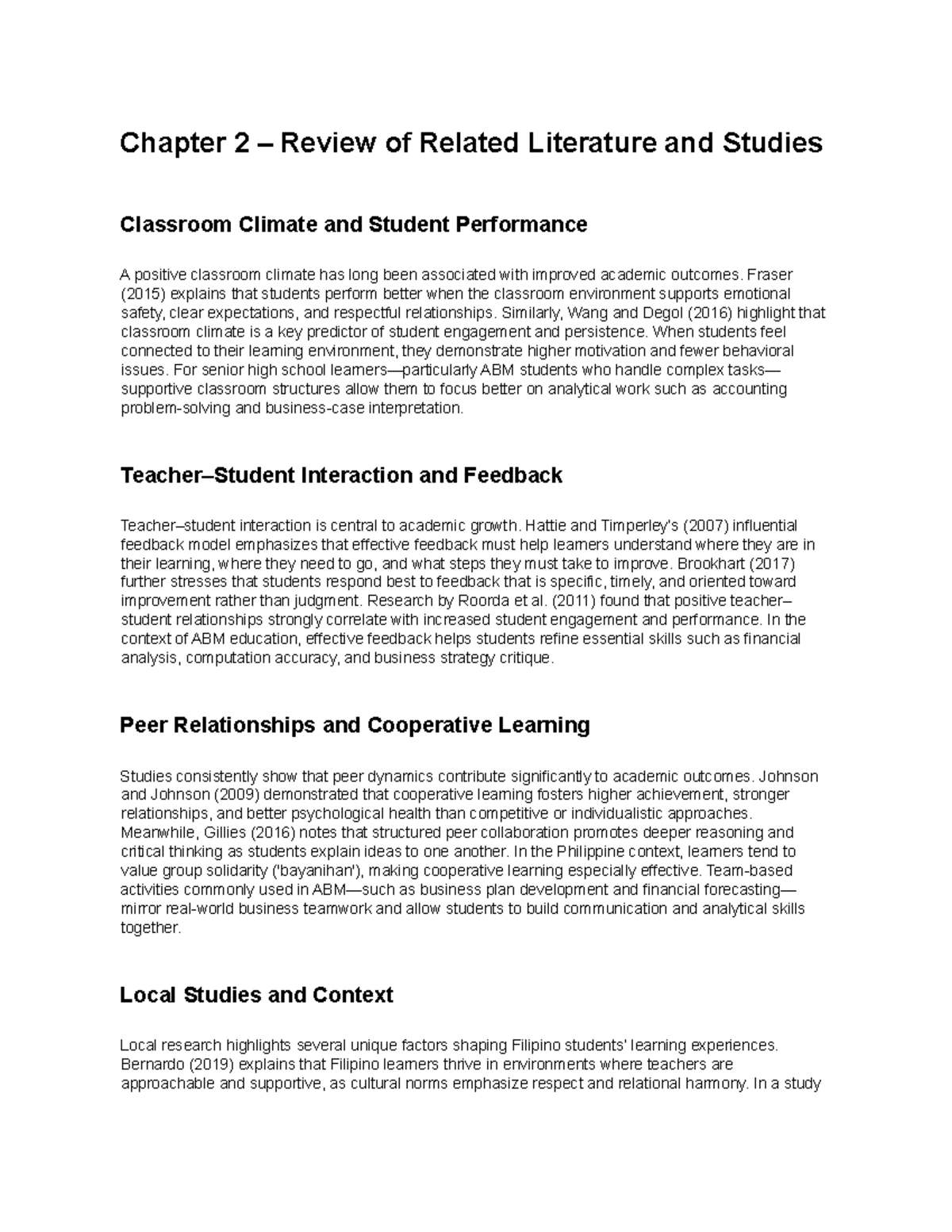 Chapter 2: Review of Literature on Classroom Climate & Student ...
