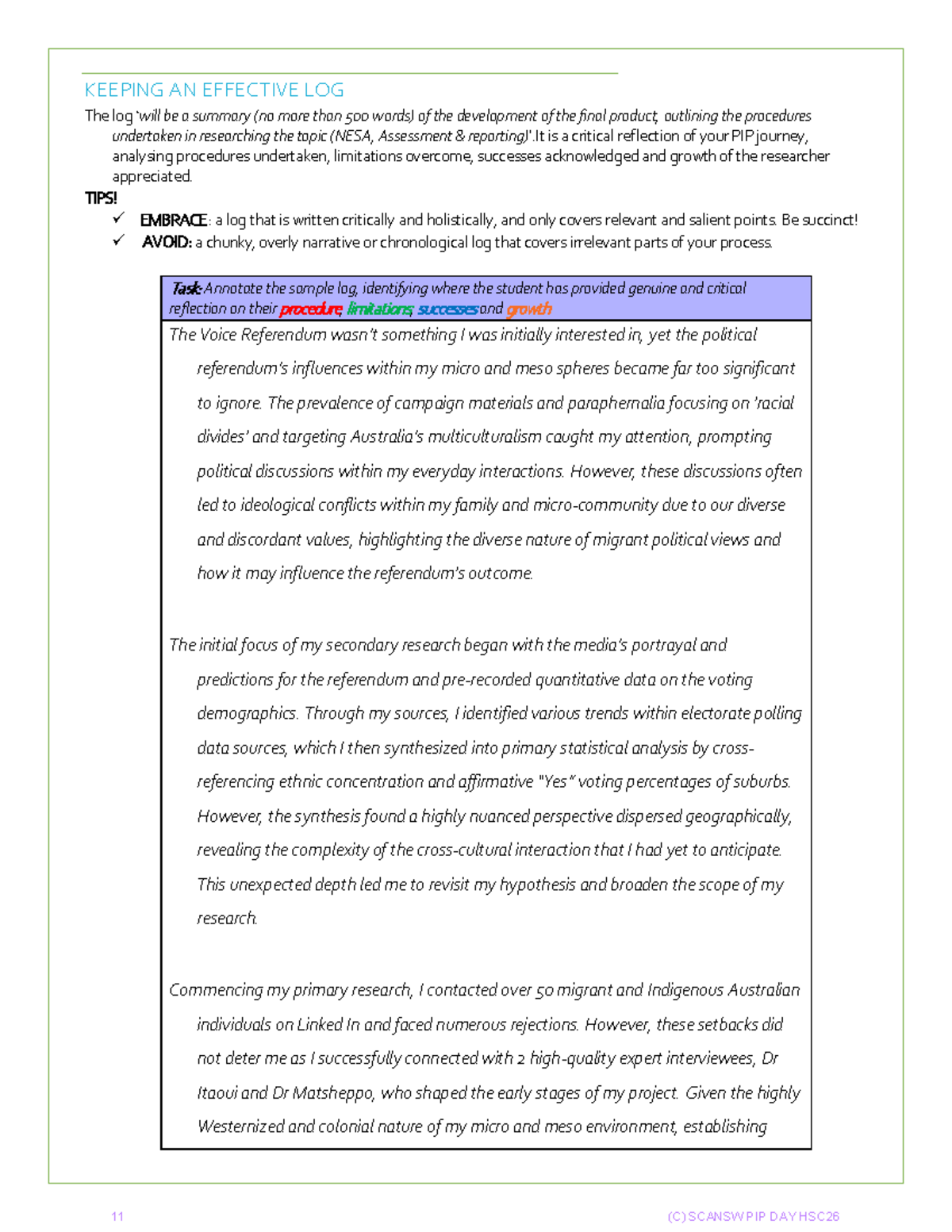 HSC26 PIP Log Sample: Critical Reflection on Research Journey - Studocu