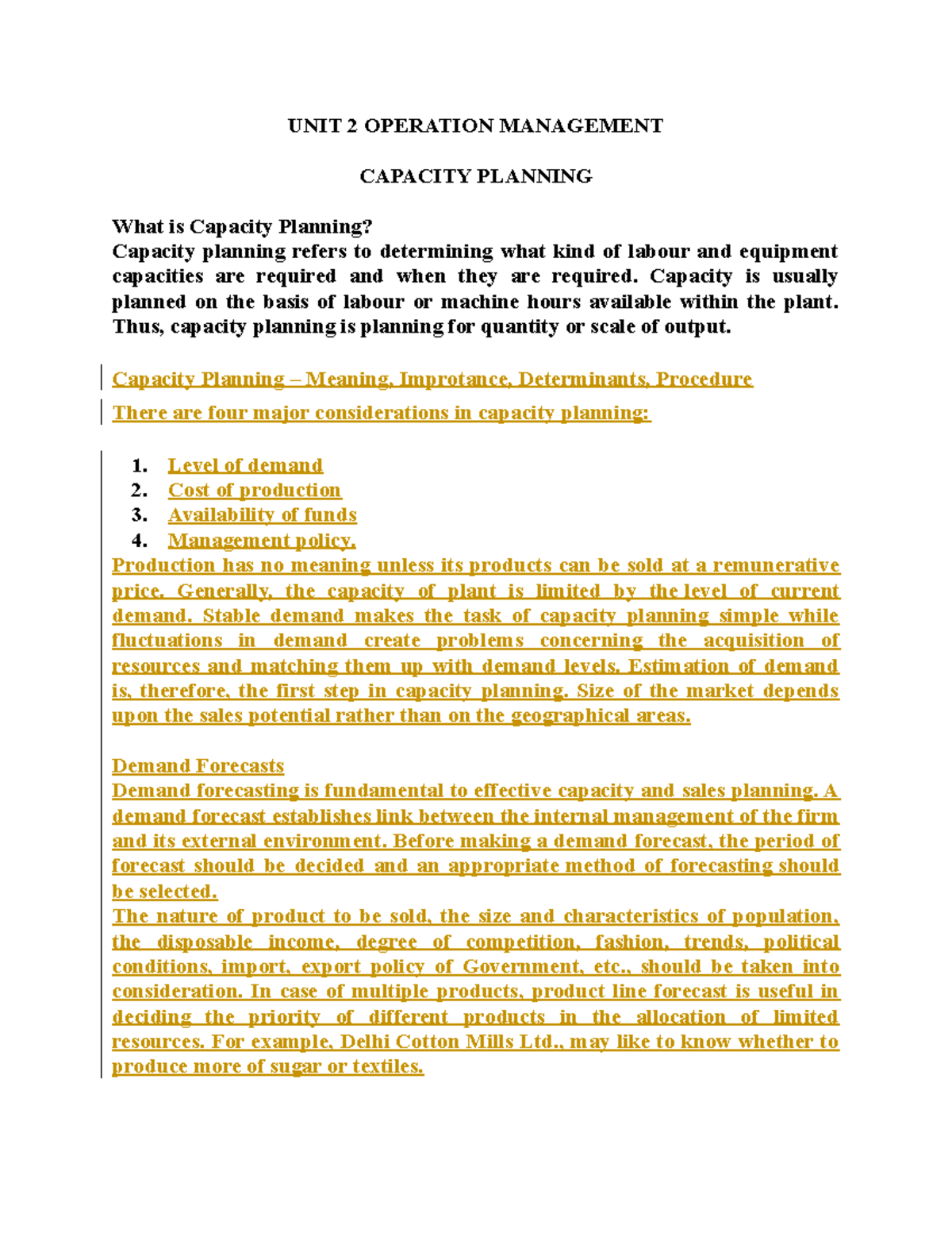 UNIT 2 Notes OM - UNIT 2 OPERATION MANAGEMENT CAPACITY PLANNING What is ...