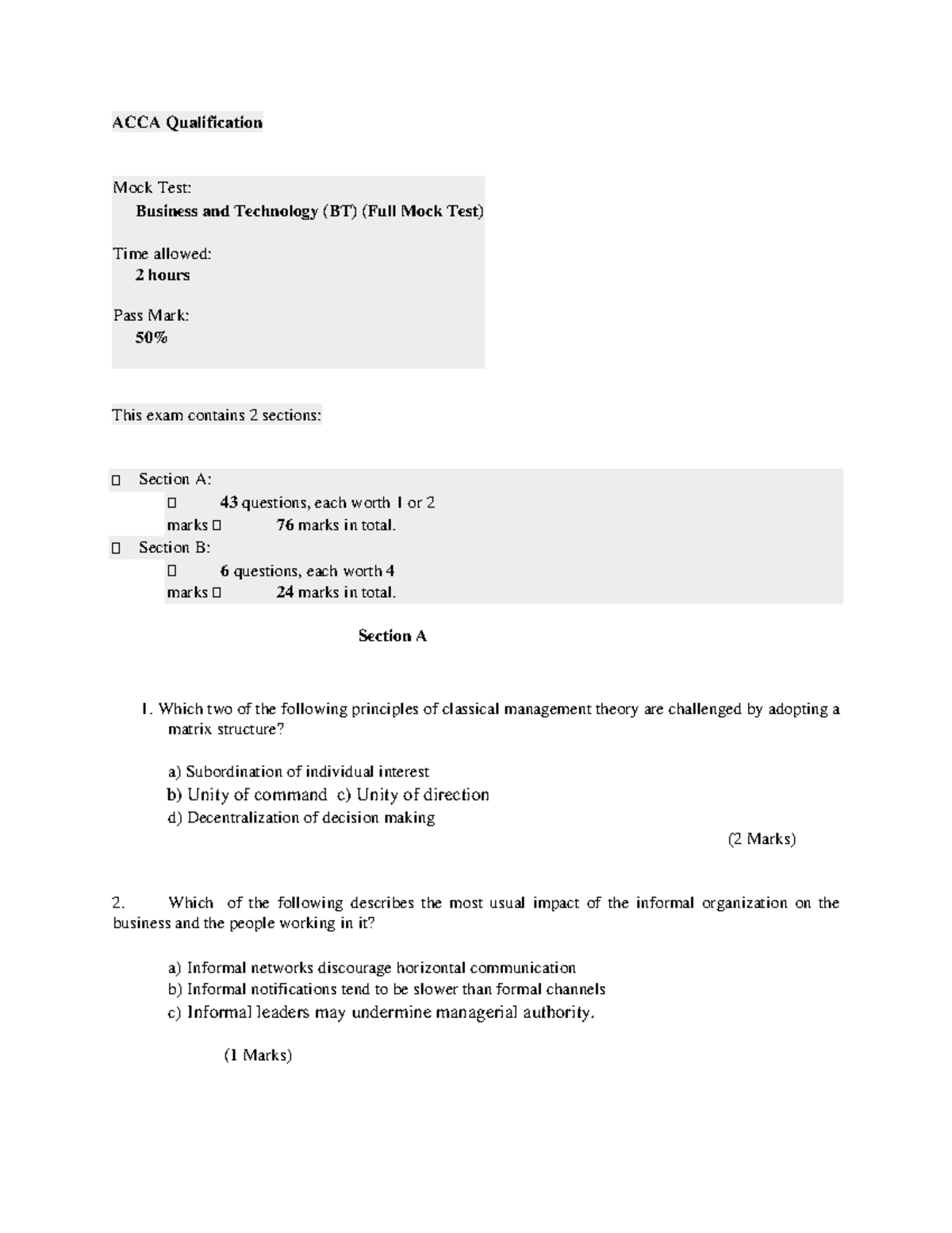 ACCA FBT (F1) Mock Paper: Business & Technology Full Test Overview ...