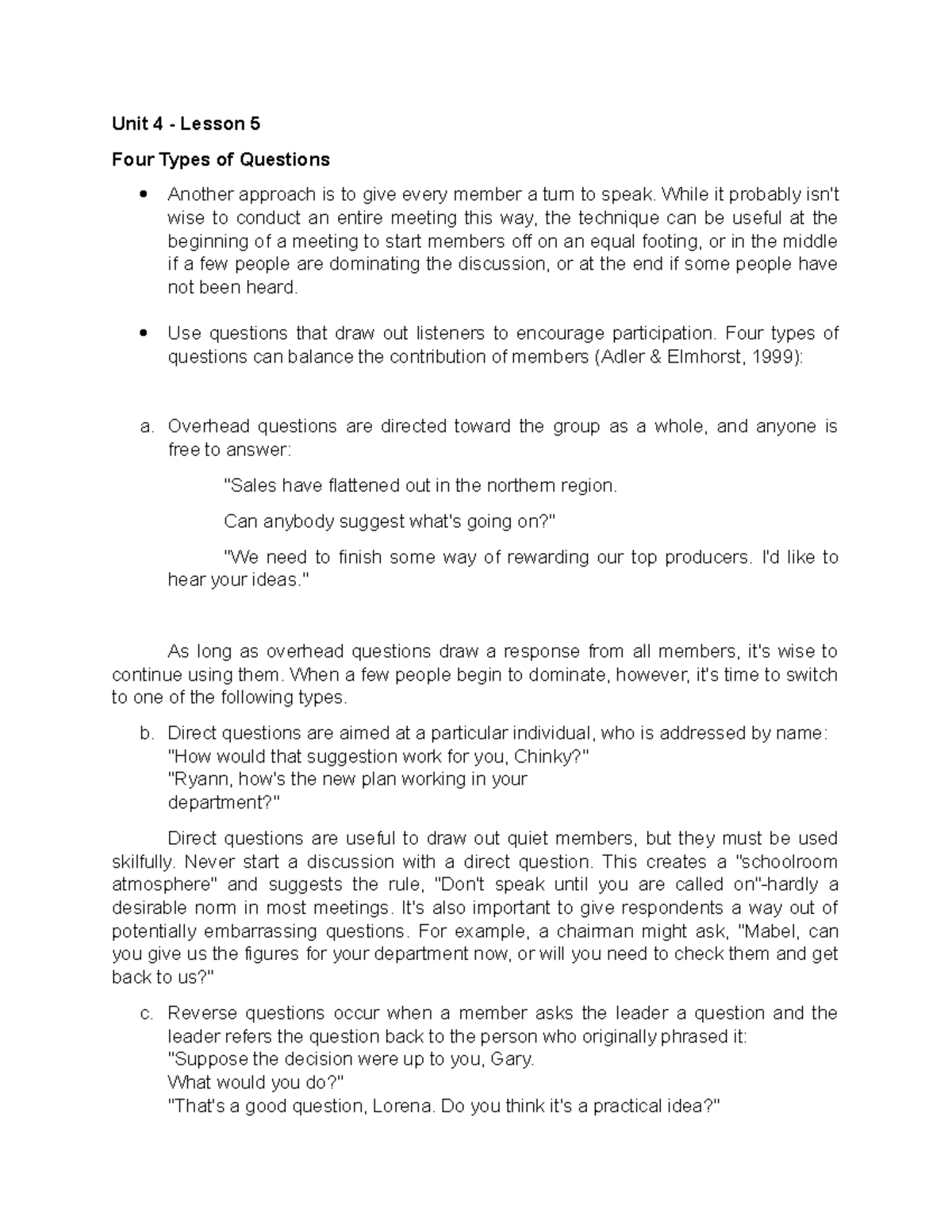 Unit 4 - Lesson 5: Understanding Four Types of Questions - Studocu
