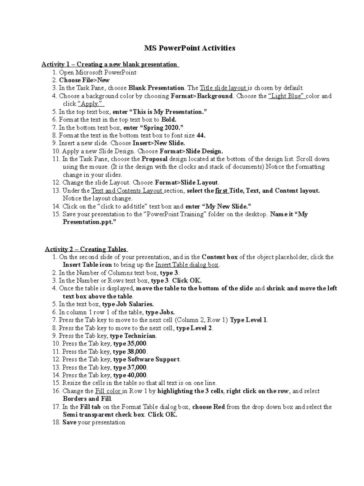 Activity 1 - MS PowerPoint Activities Activity 1 – Creating a new blank ...