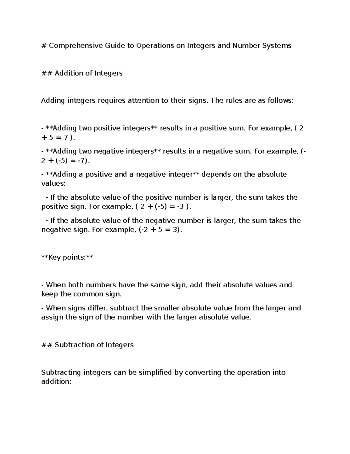 MATH SW1 - Comprehensive Guide to Integer Operations and Number Systems ...