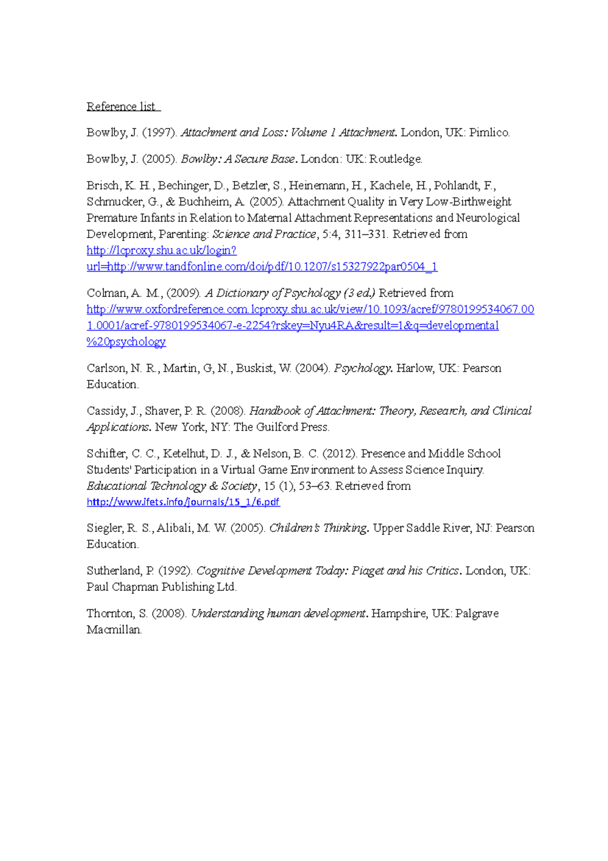 Psychology Reference List: Key Texts and Studies on Attachment ...