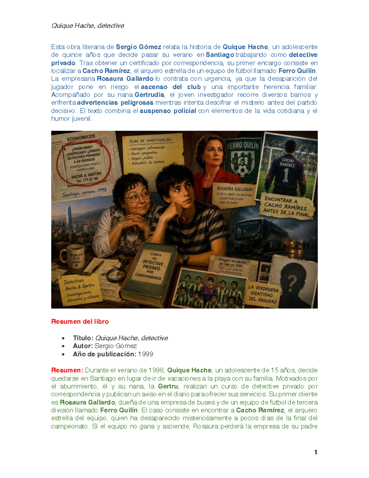 Ficha del libro: Quique Hache, detective - Resumen y personajes - Studocu