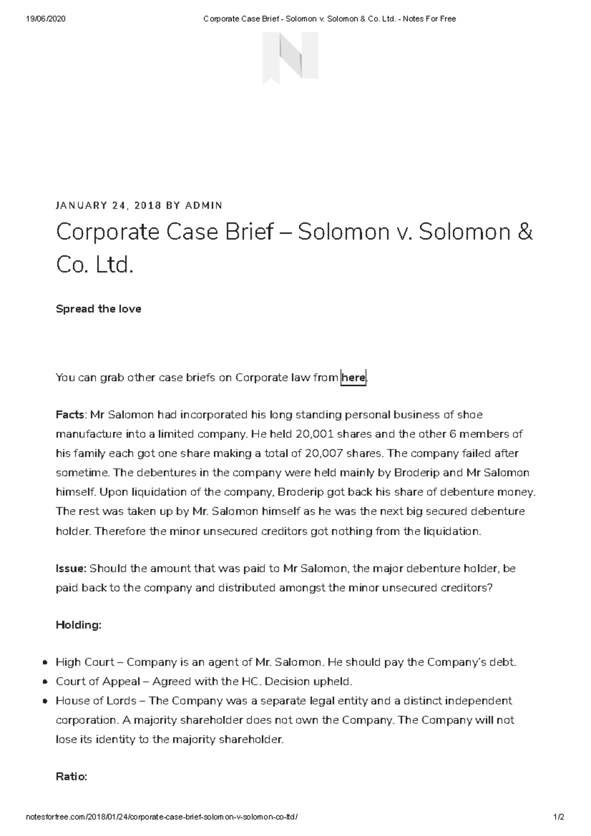 3 Corporate Case Brief - Solomon v. Solomon & Co. Ltd. - Notes For Free ...