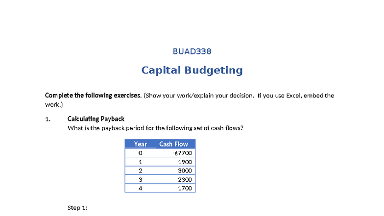 BUAD338 Capital Budgeting Assignment: Payback, IRR, and NPV Analysis - Studocu