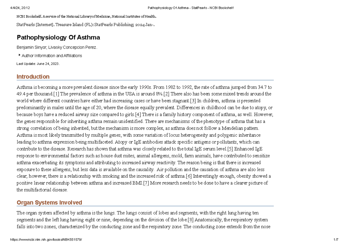 Pathophysiology of Asthma: Insights from StatPearls NCBI 2024 Edition ...