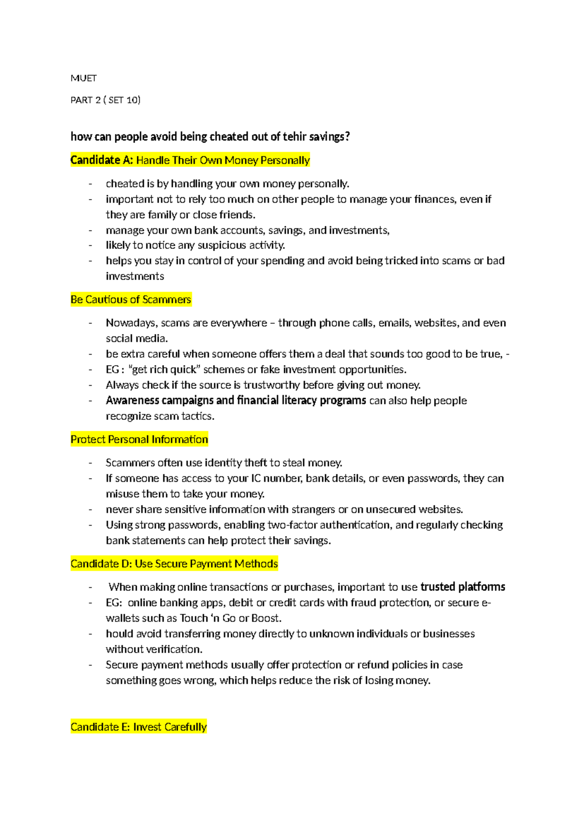 MUET - PART 2 (SET 10) Strategies to Safeguard Savings from Scams - Studocu