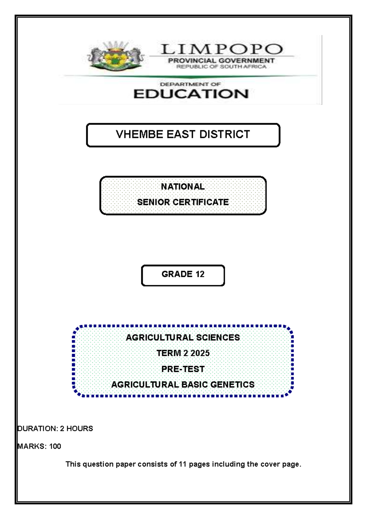AGRS 121636 Grade 12 Pre-Test T2: Genetics and Inheritance Concepts ...
