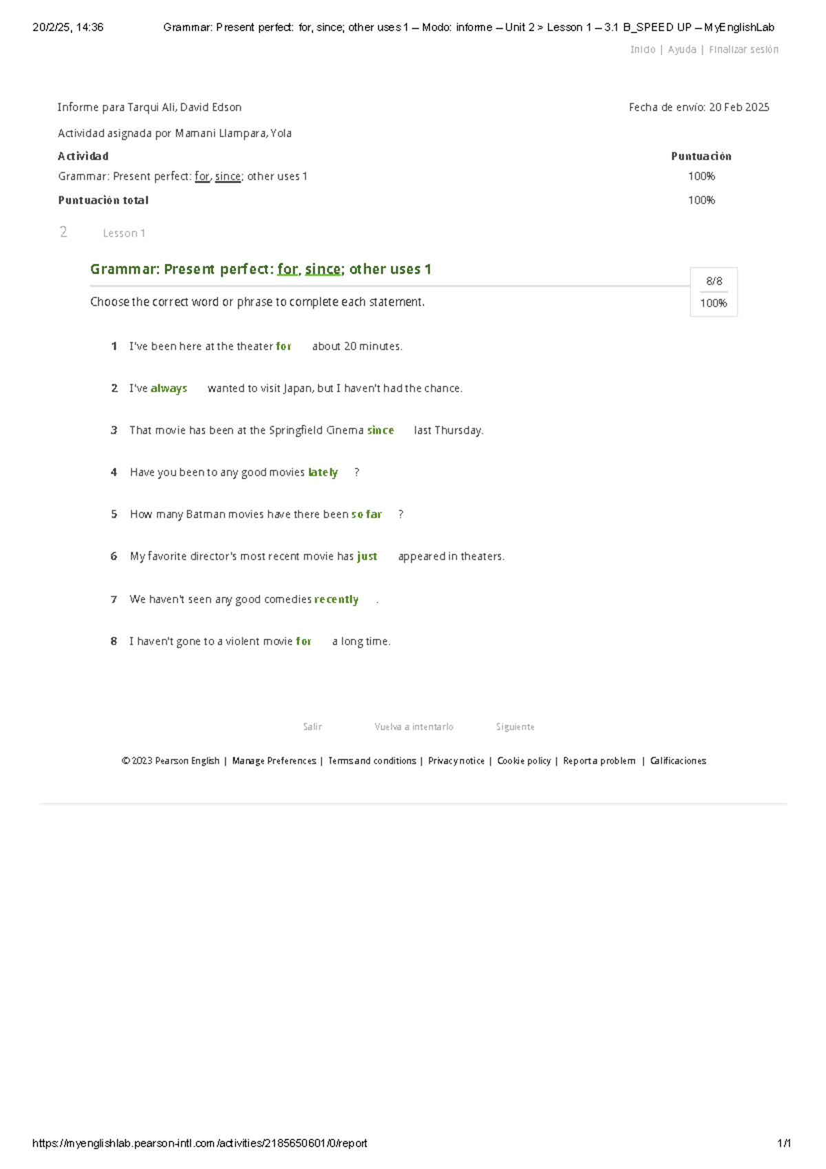 Grammar: Present Perfect Usage - Unit 2 Lesson 1 - Modo Informe - Studocu