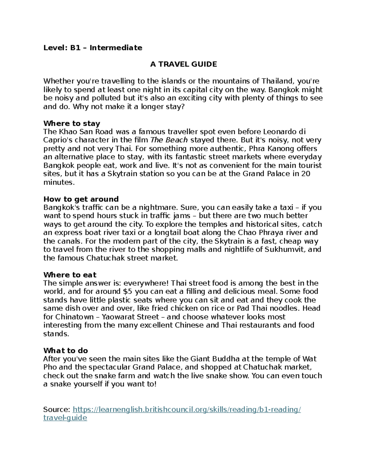 Reading TEXT - B1 - The text - Level: B1 – Intermediate A TRAVEL GUIDE ...