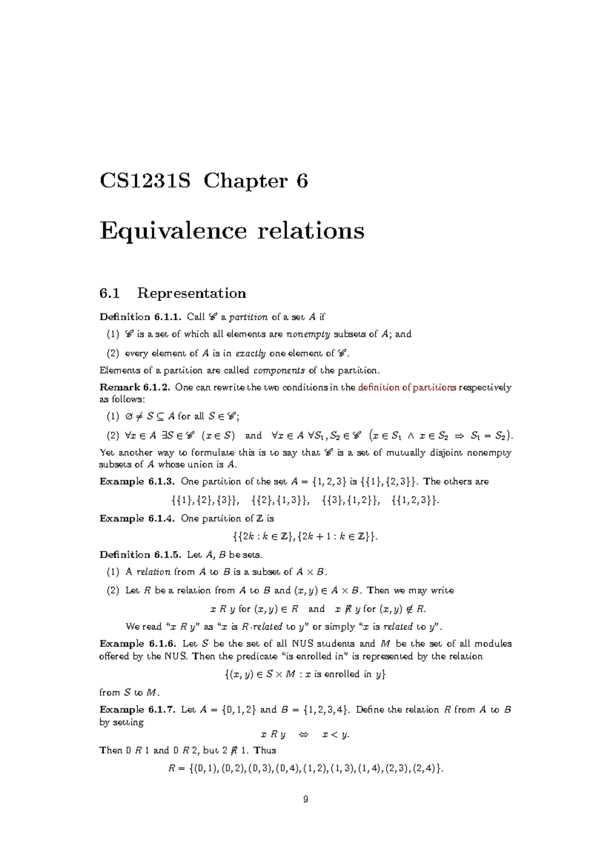 Lect 6 notes - Equivalence Relations - CS1231S Chapter 6 Equivalence ...