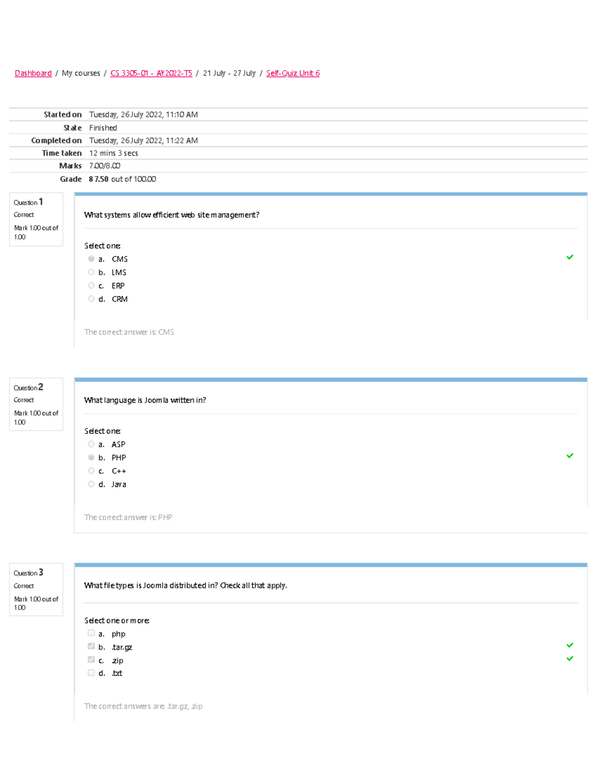 Self Quiz Unit 6 Attempt Review Question 1 Correct Mark 1 Out Of 1 Question 2 Correct Mark 1