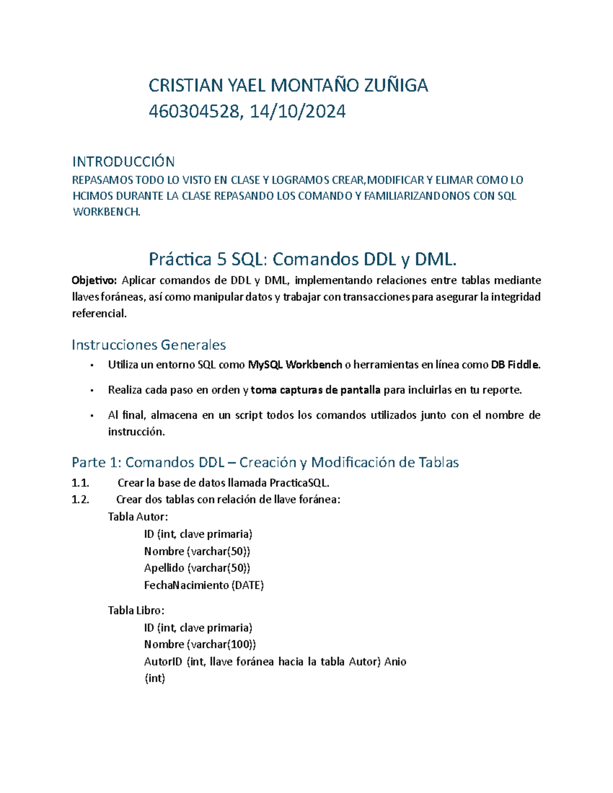 Práctica 5 SQL: Comandos DDL y DML en MySQL Workbench - Studocu