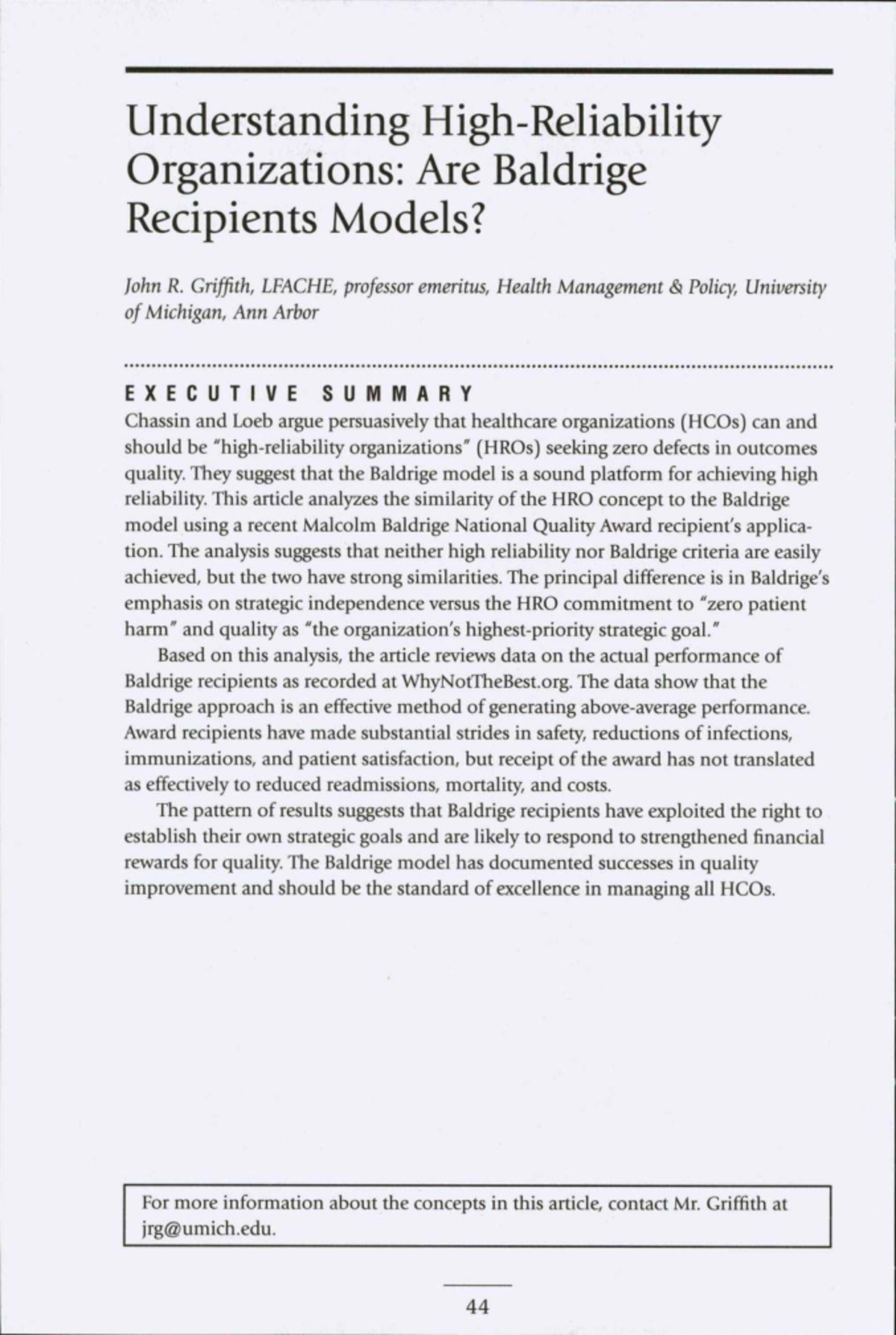 Understanding High-Reliability Organizations: Baldrige Models in ...