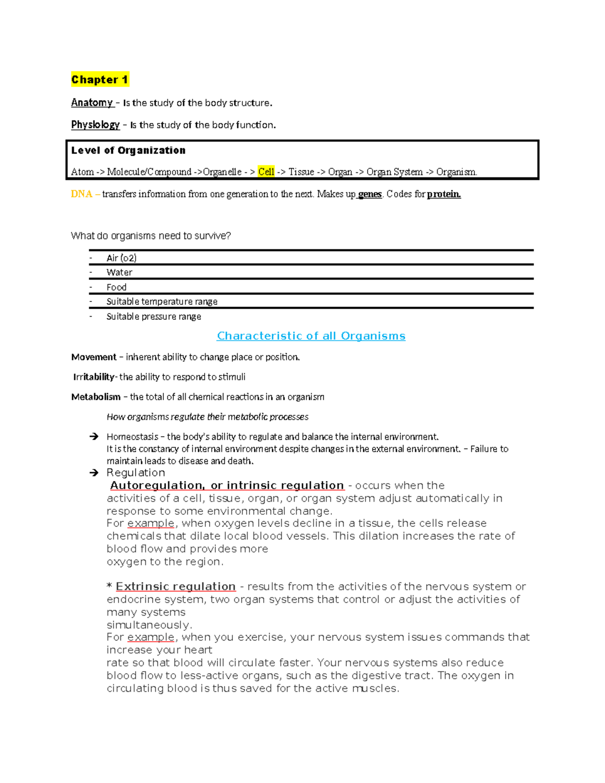 Chapter 1 Overview - notes - Chapter 1 Anatomy – Is the study of the ...