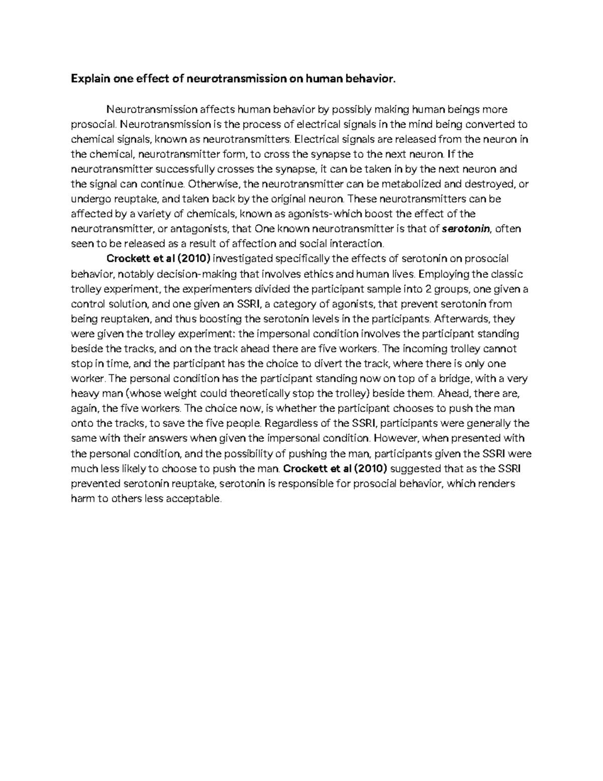 IB HL Psych SAQ Exemplar - Neurotransmission's Impact on Prosocial ...