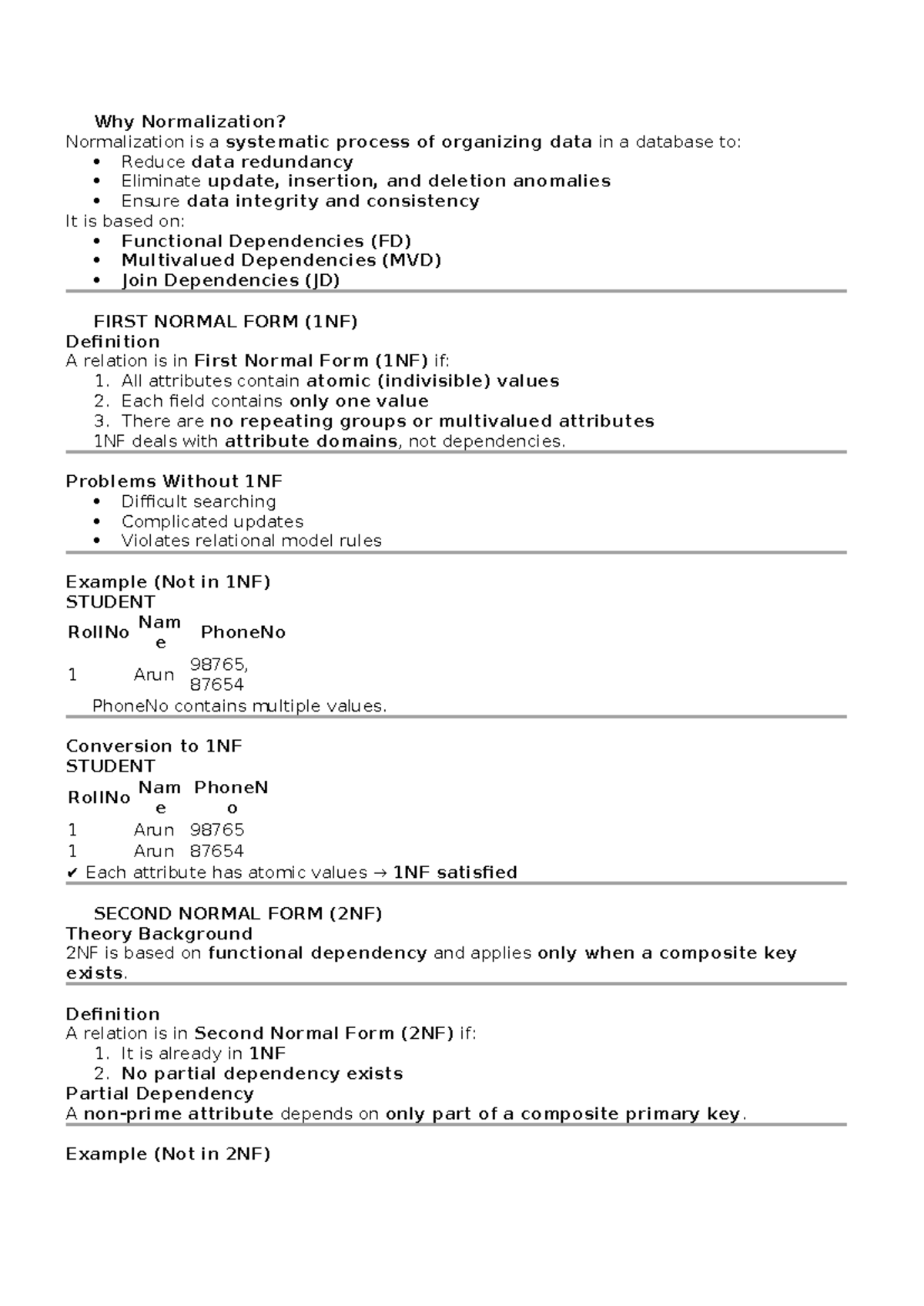 Normalization Notes: Understanding 1NF, 2NF, 3NF, and BCNF - Studocu