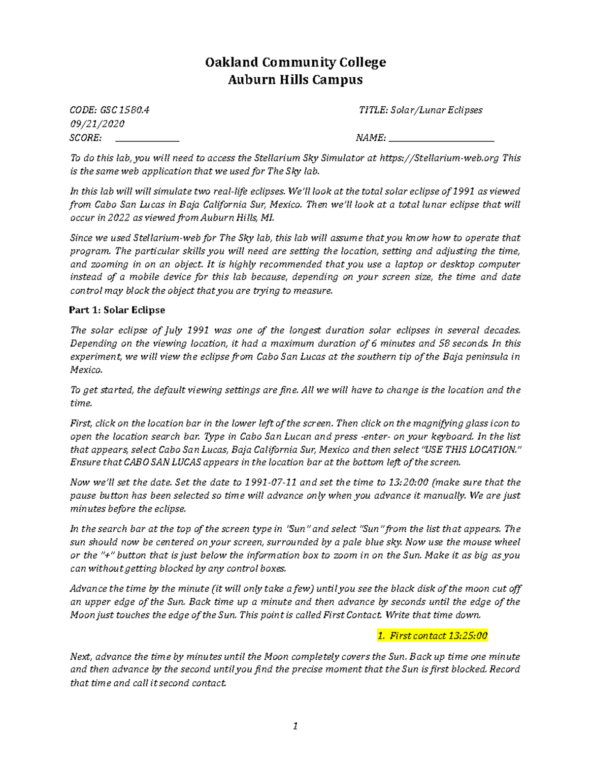 Solar Lunar Eclipses lab - Oakland Community College Auburn Hills ...