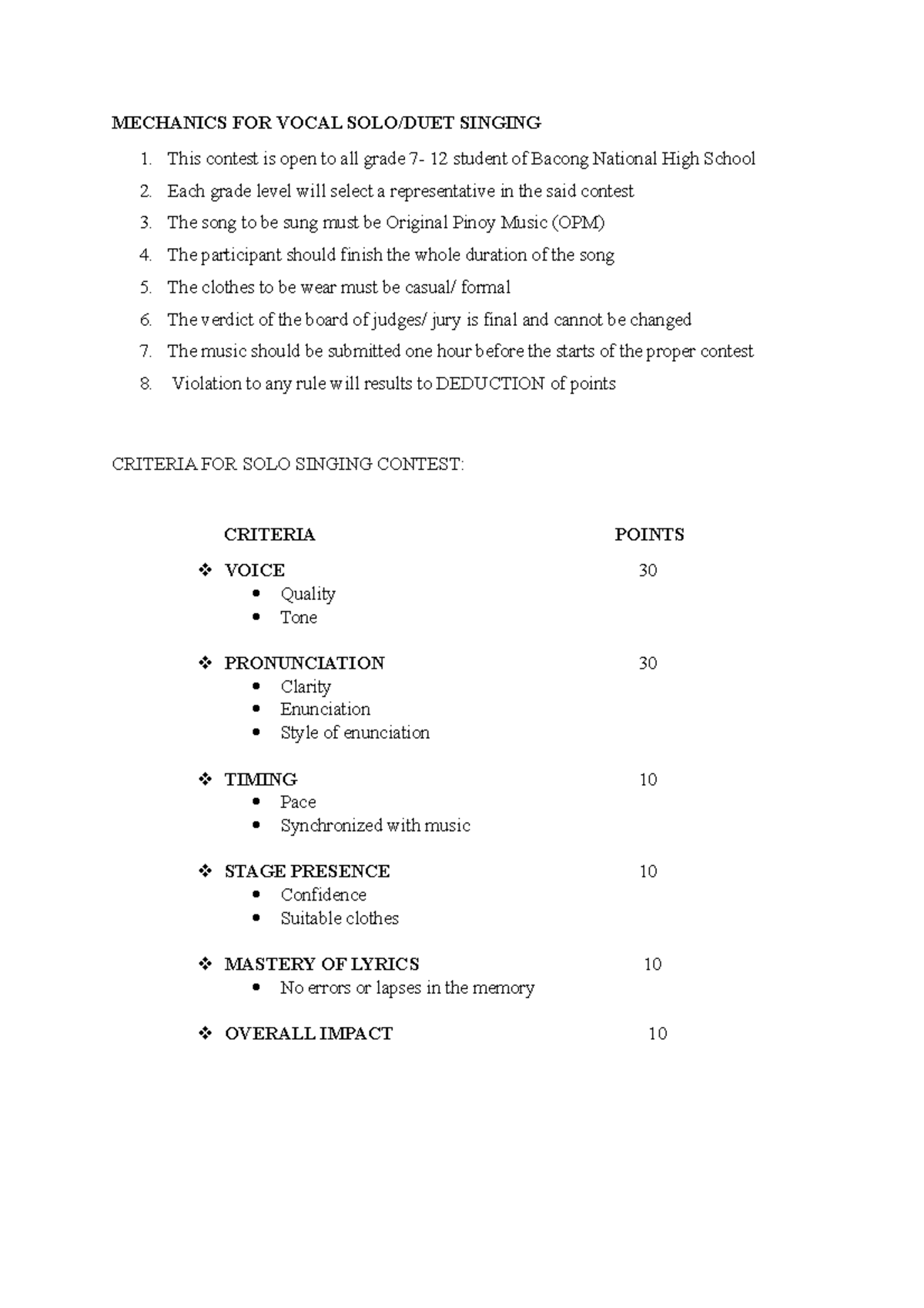 Mechanics for Vocal Solo/Duet Singing Contest (Grades 7-12) - Studocu