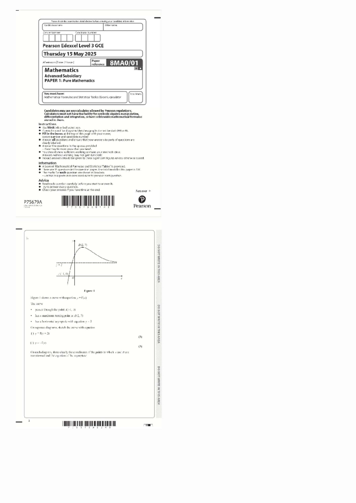 Pure Mathematics AS Level Exam Paper 1: May 2025 - Studocu