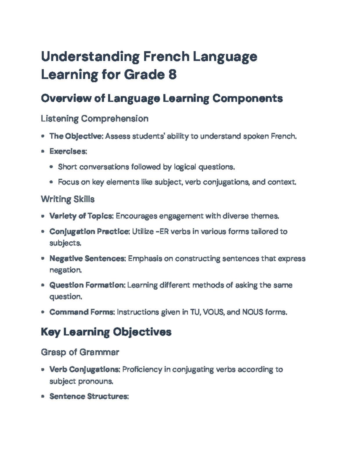 Grade 8 French Language Learning Overview: Listening & Writing Skills ...