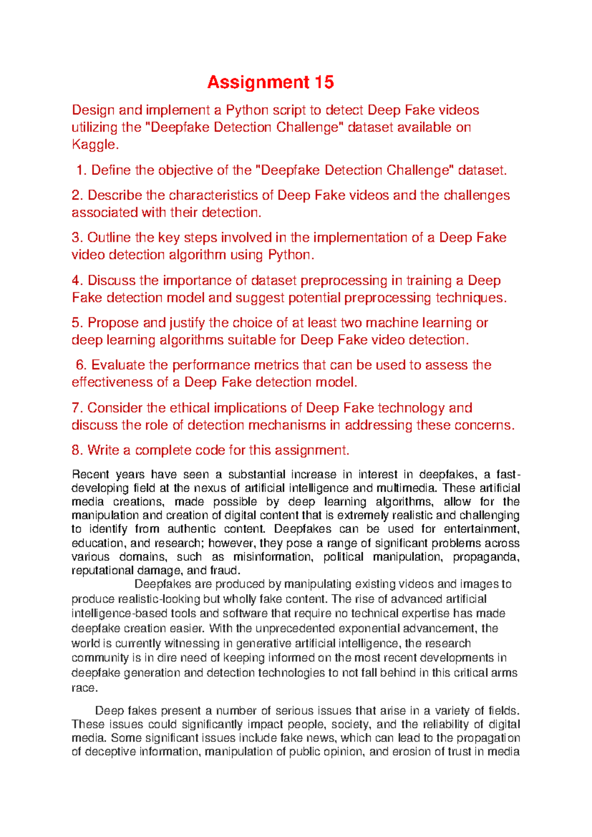 Deepfakes assignment - Assignment 15 Design and implement a Python ...